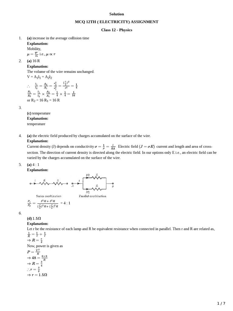 Solution 12th (Electricity) Assignment | PDF | Electrical Resistivity ...