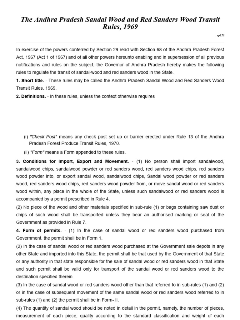 Telangana Sandal Wood and Red Sanders Wood Transit Rules, 1969 (AP) | PDF | Wood