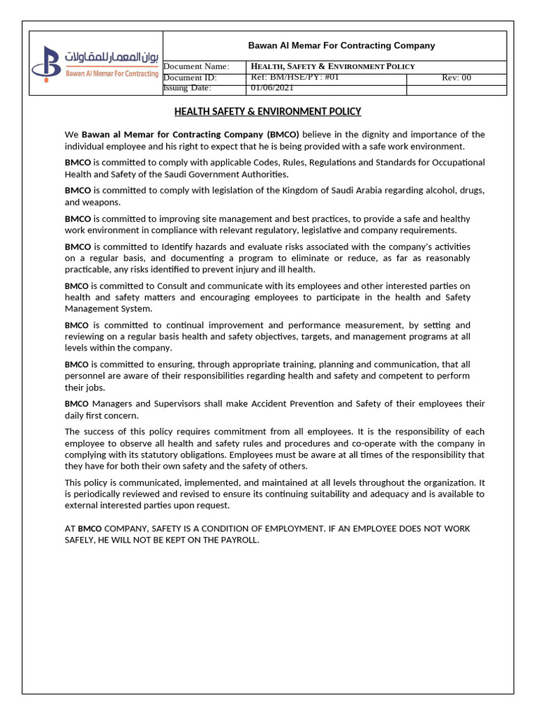 BM-HSE-PY01 BMCO HSE Policy | PDF | Occupational Safety And Health | Safety