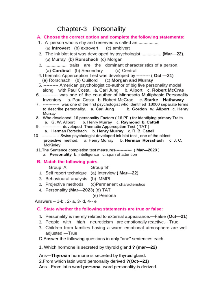 Chapter 3 Personality Objectives and Notes | PDF | Extraversion And ...