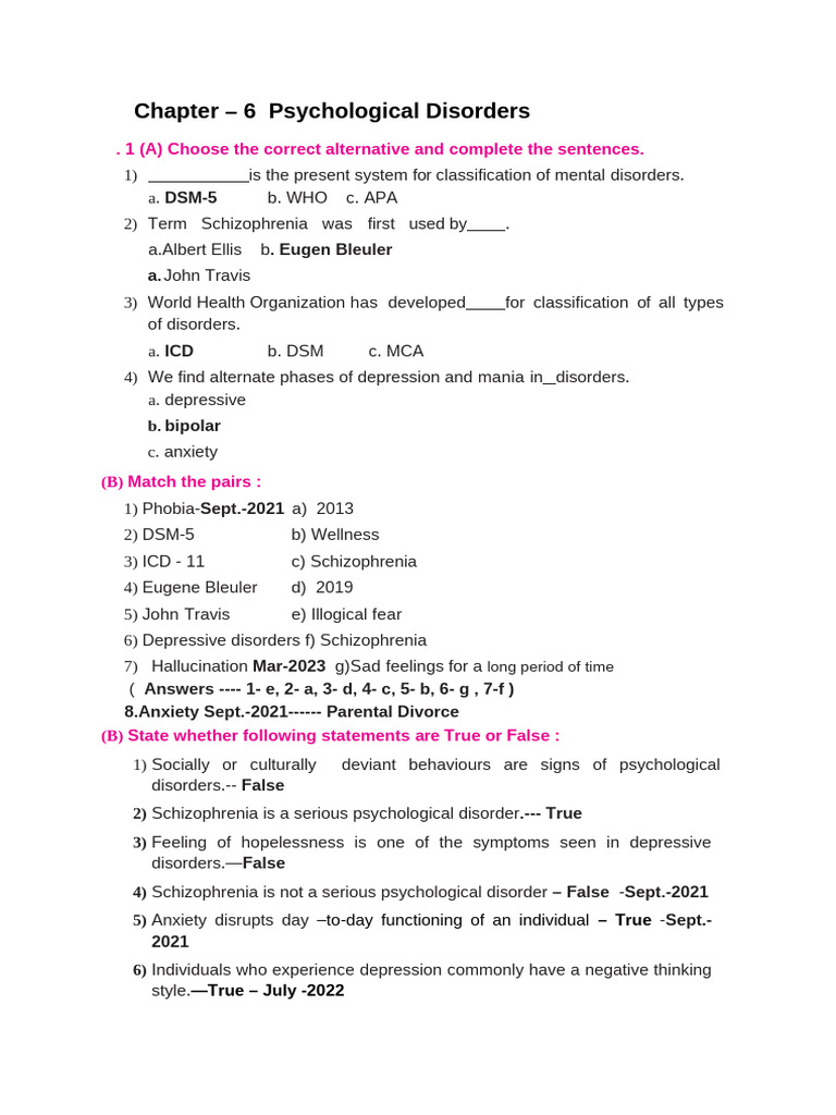 Chapter 6. Psychological Disorders Objectives and Notes | PDF | Mental ...