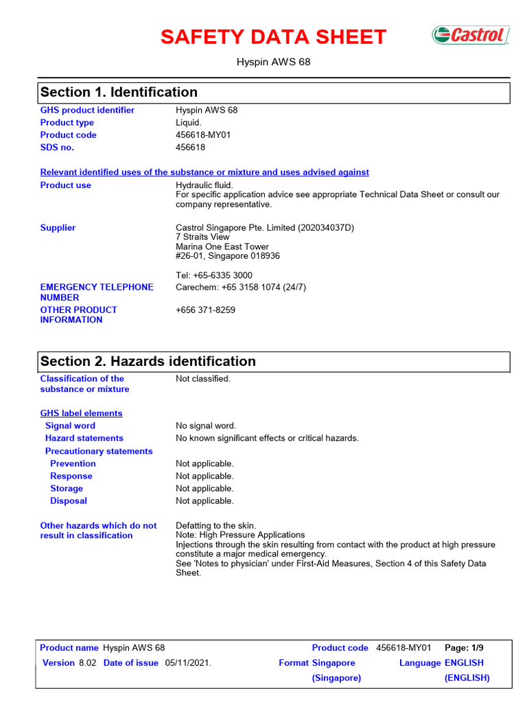 Msds-Engine Oil Hydrualic Aws-68 | PDF | Chemistry