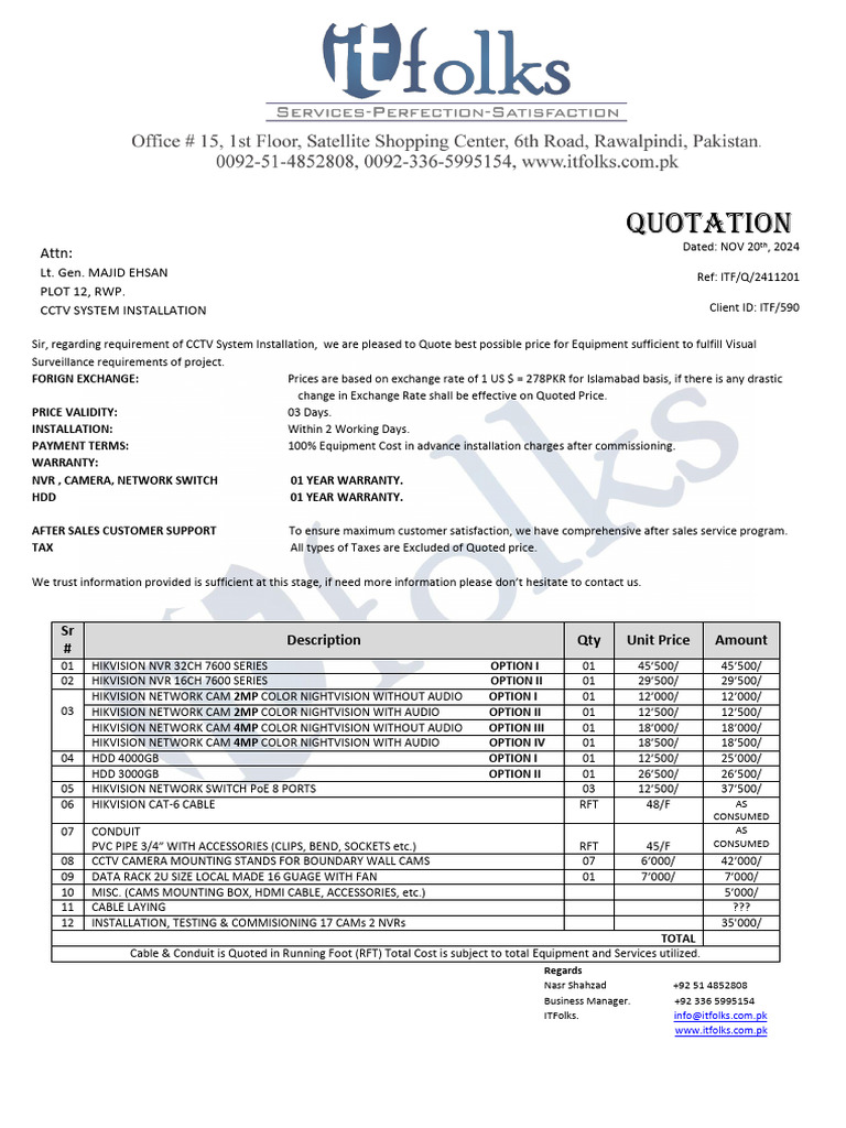 590 IP COLOR NIGHT VISION CCTV SYSTEM INSTALLATION QUOTATION LT Gen MAJID EHSAN RWP 20 11 2024 ...