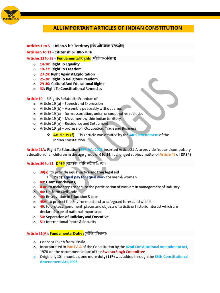 Important Articles of Indian Constitution by Indologus | PDF | Government | Political Law