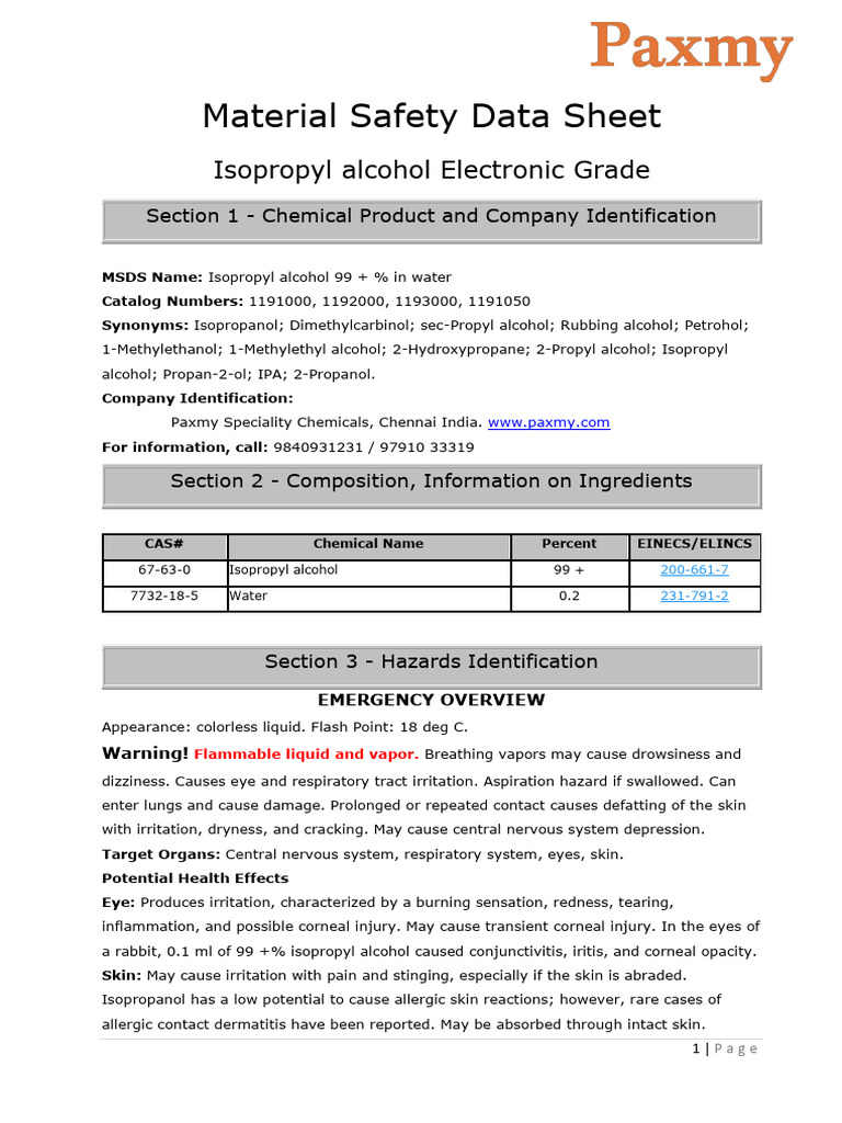 Material Safety Data Sheet - IPA Electronic Grade | PDF | Hazardous Waste | Waste