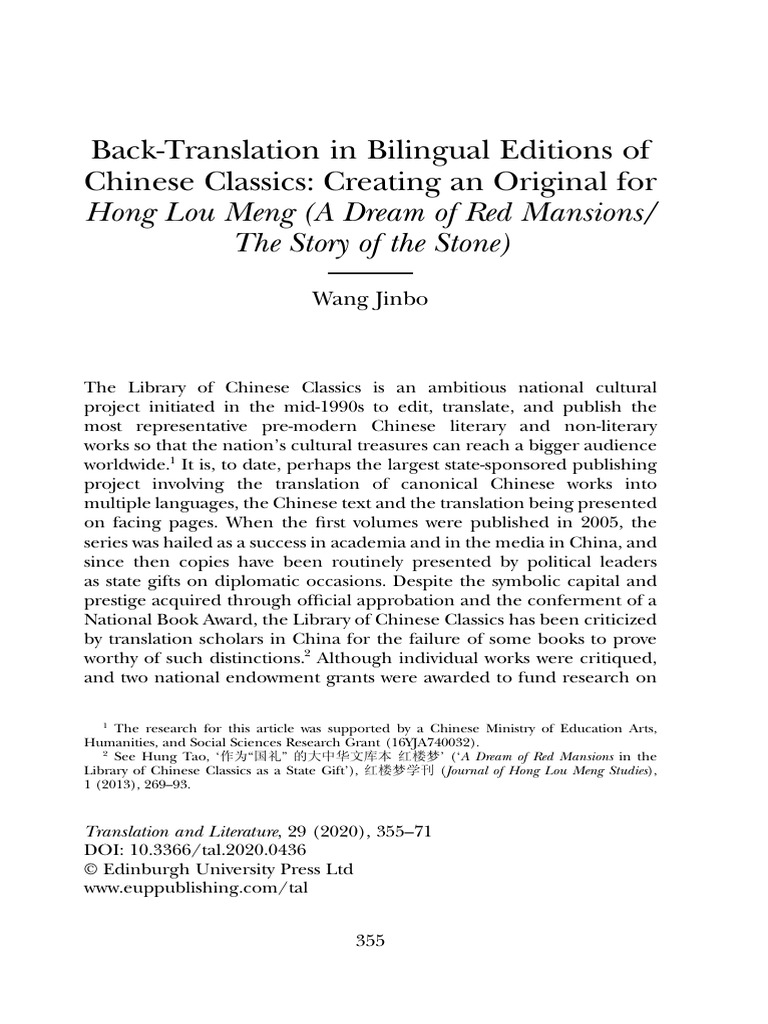 Back-Translation in Bilingual Editions of Chinese Classics Creating An ...