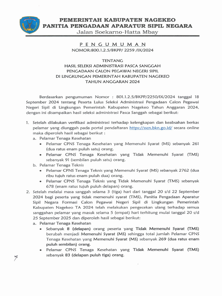 Pengumuman Hasil Seleksi Administrasi Pasca Sanggah Pengadaan CPNS TA. 2024 | PDF