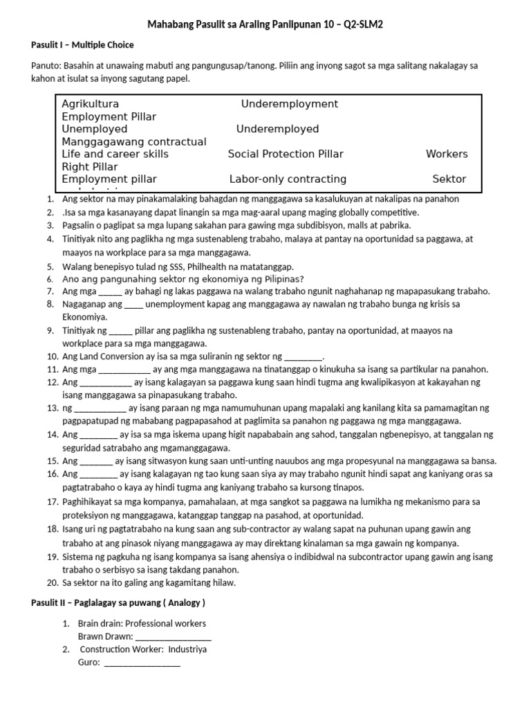 Mahabang Pasulit Sa Araling Panlipunan 10 Q2-SLM 2 | PDF