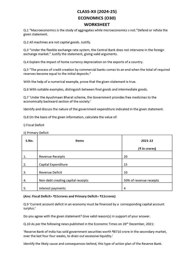 Class 12 Macroeconomics Worksheet | PDF | Government Budget Balance ...