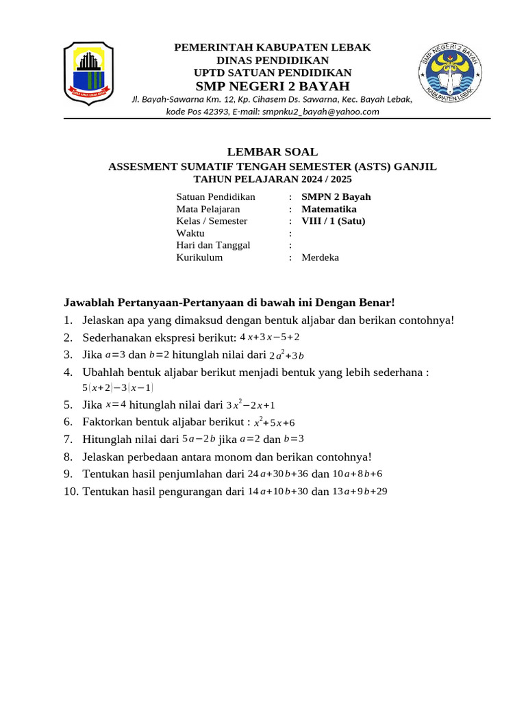 Soal MTK Kelas 8 Asts Ganjil 2024 | PDF