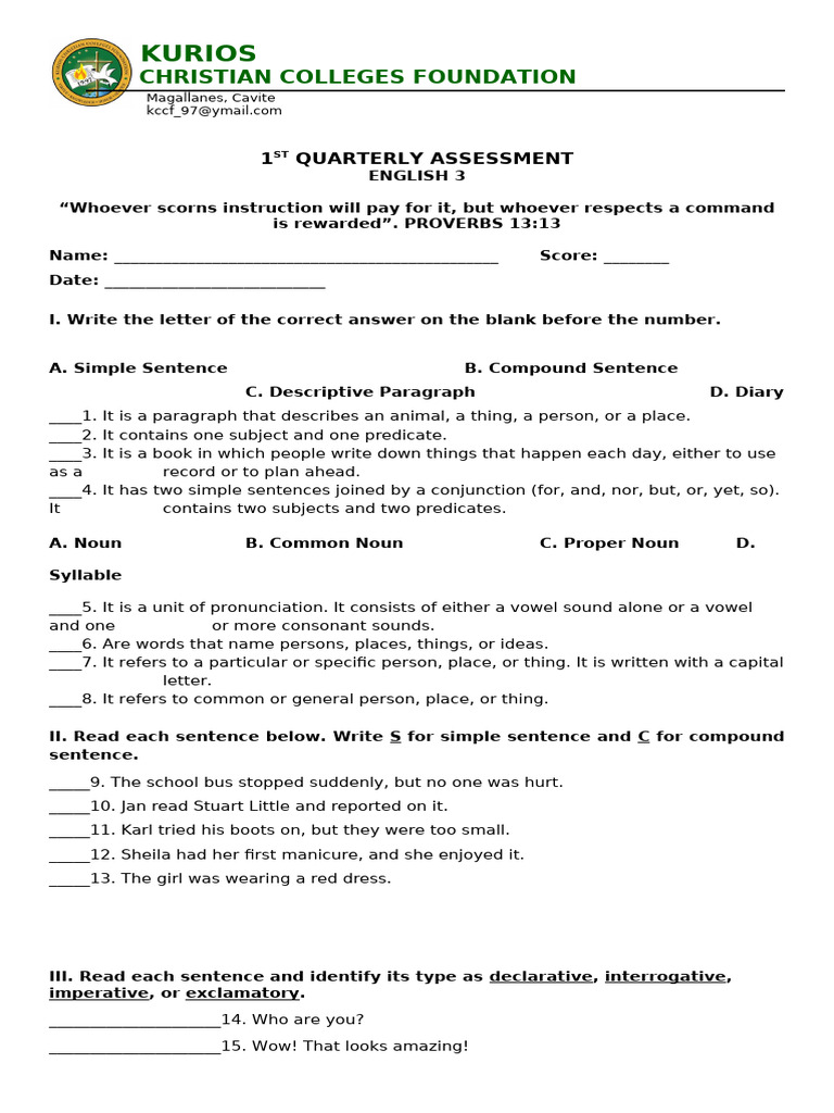 1st Quarterly Assessment in English3 | PDF | Sentence (Linguistics ...