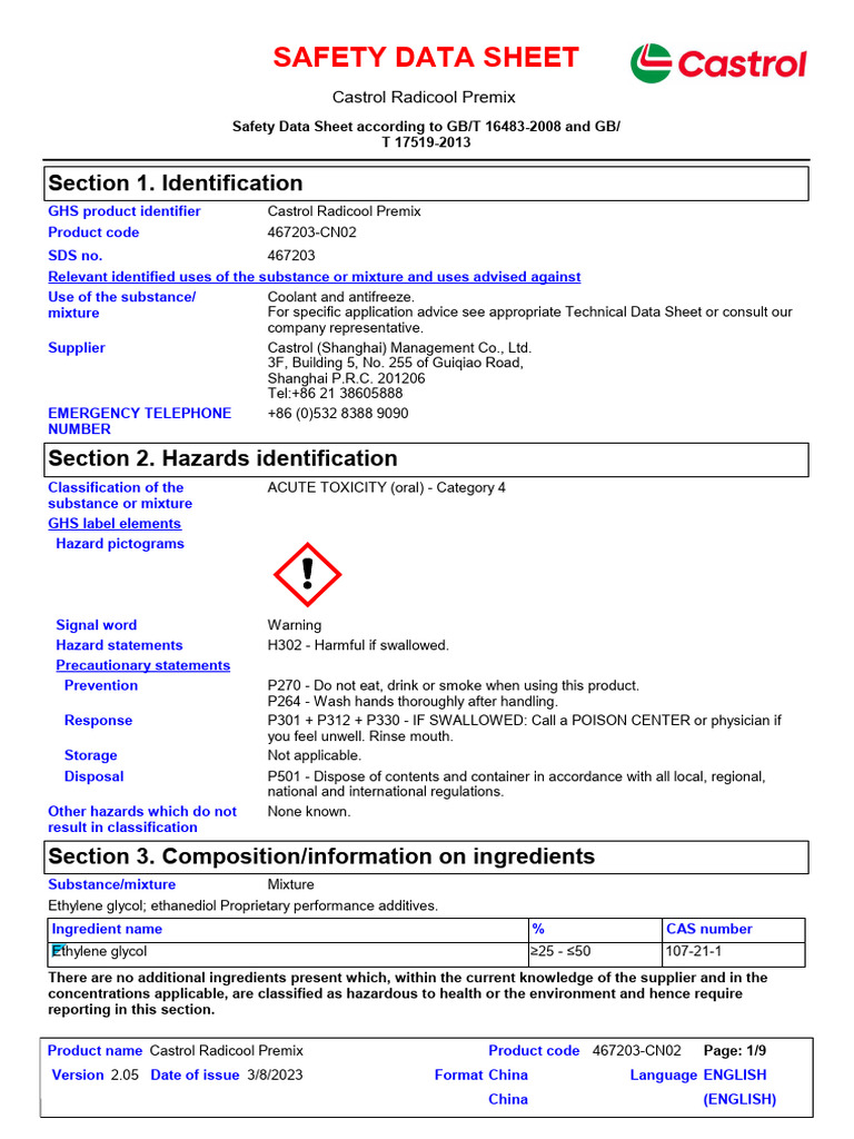 Castrol Radicool Premix Safety Data Sheet | PDF | Firefighter | Waste