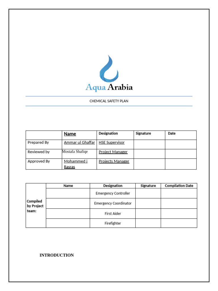 Chemical Safety Plane For Aqua Arabia | PDF | Risk | Risk Assessment