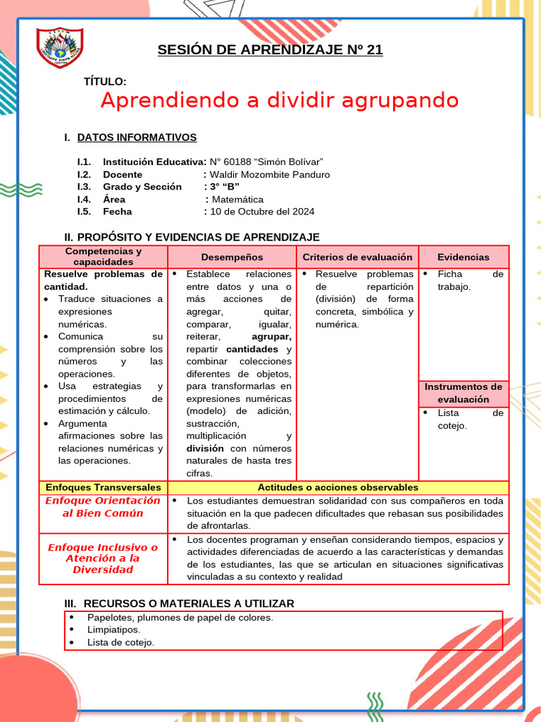 Sesión de Aprendizaje #21 - Aprendiendo A Dividir Agrupando - 095835 | PDF | Evaluación ...