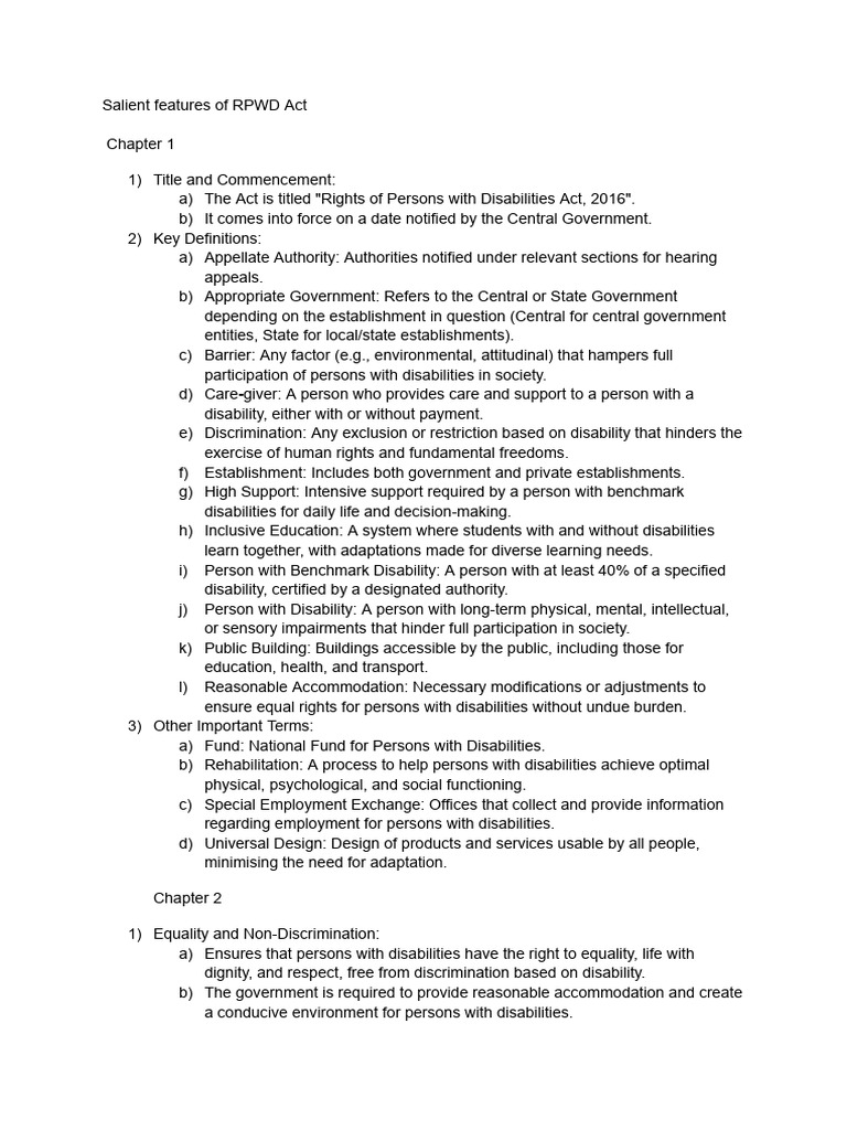 Salient Features of RPWD Act | PDF | Disability | Accessibility