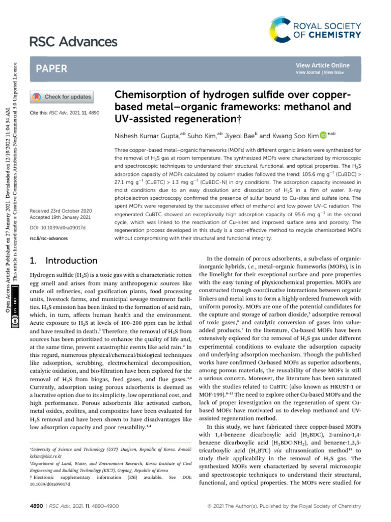 Chemisorption of Hydrogen Sulfide Over Copper-Based Metal-Organic ...