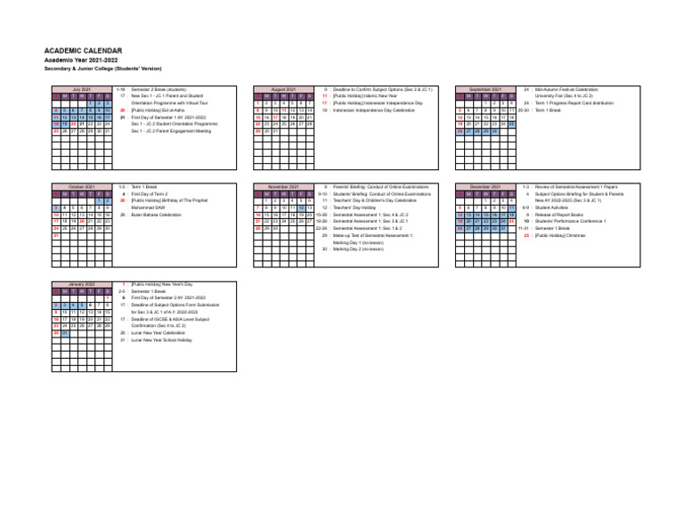 Academic Calendar AY 2021 2022 (Students' Version) - Semester 1 | PDF ...
