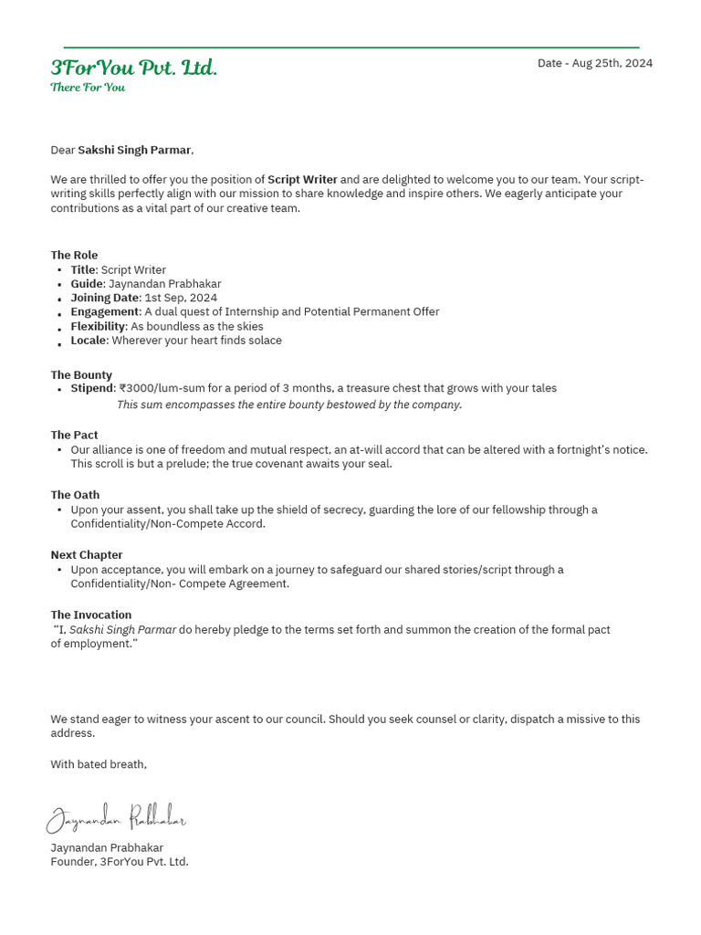 Offer Letter For Script Writer Role | PDF | Career & Growth | Finance ...