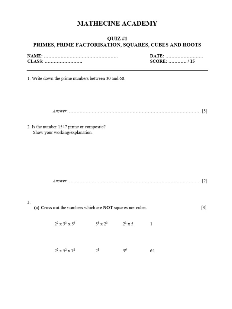 Quiz 1 Primes PF Squares Cubes and Roots | PDF