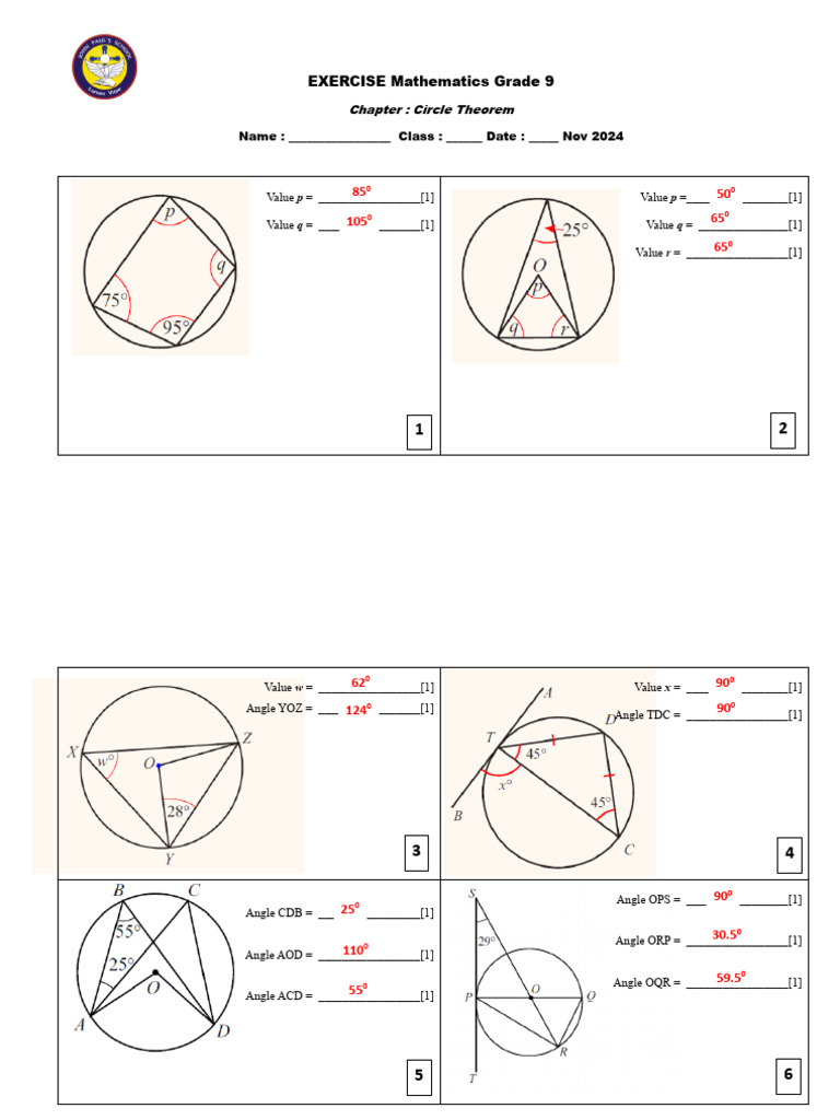 Grade 9 Circle Theorem Exercises | PDF | Geometric Shapes | Analytic ...