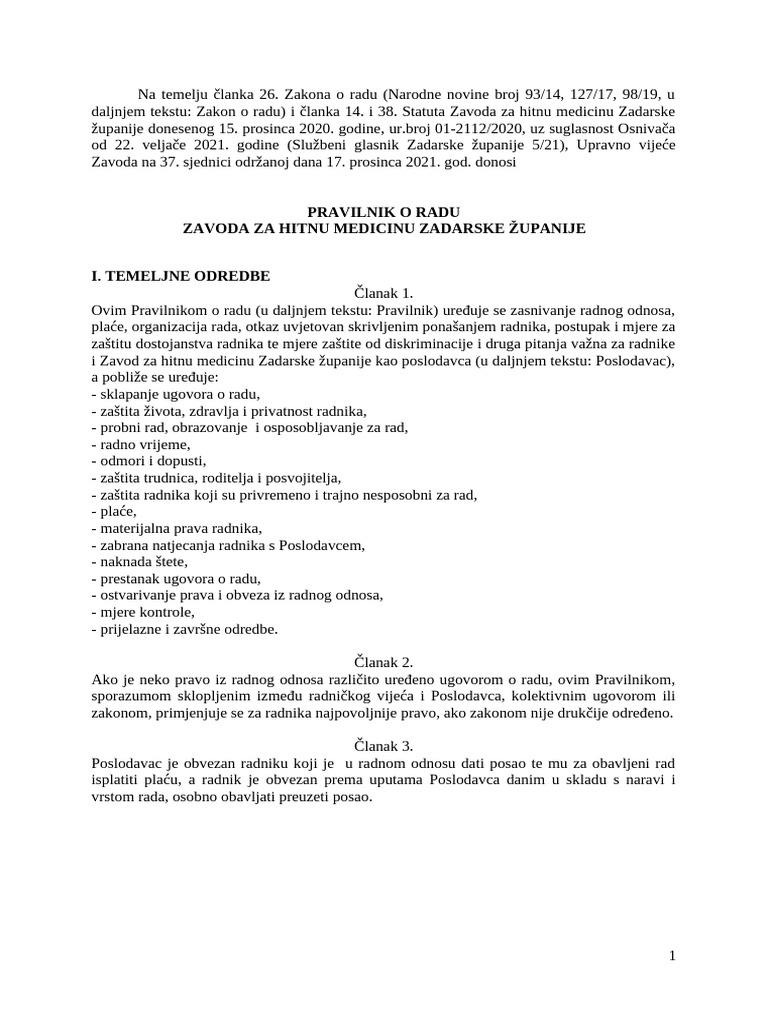 Pravilnik o Radu Zavoda Za Hitnu Medicinu Zadarske Županije | PDF