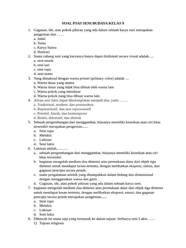 Contoh Soal Asesmen Sumatif Akhir Semester Seni Budaya Kelas 9 | PDF