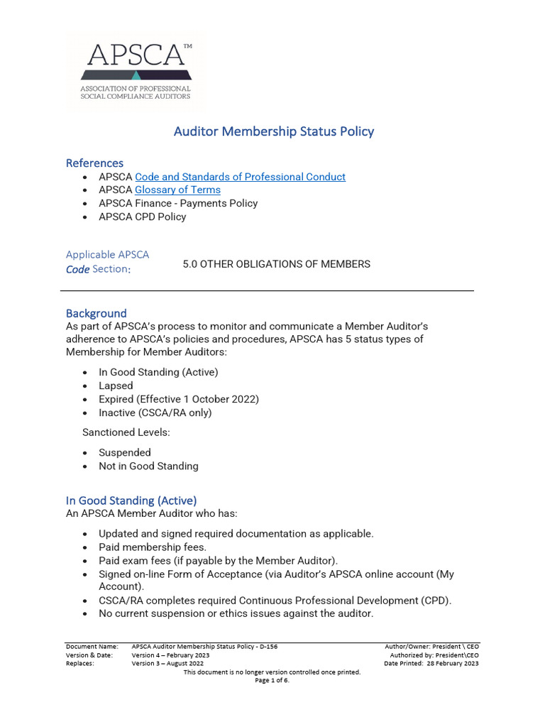APSCA Auditor Membership Status Policy D 156 | PDF