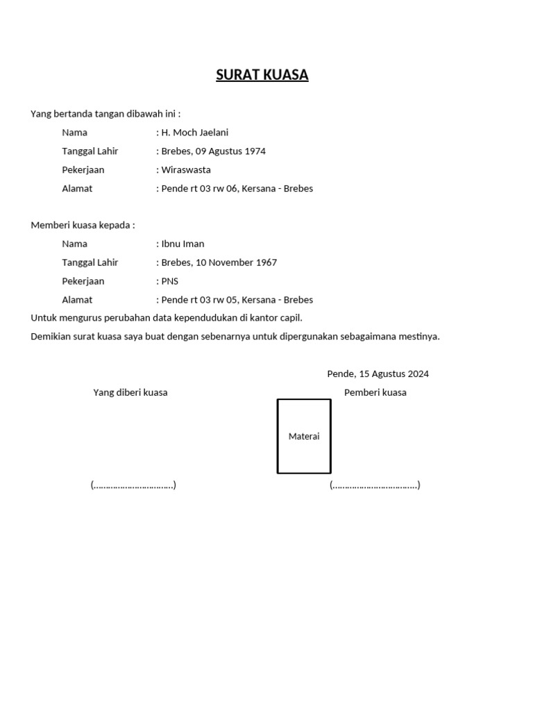 Surat Kuasa Perubahan Data Kependudukan | PDF