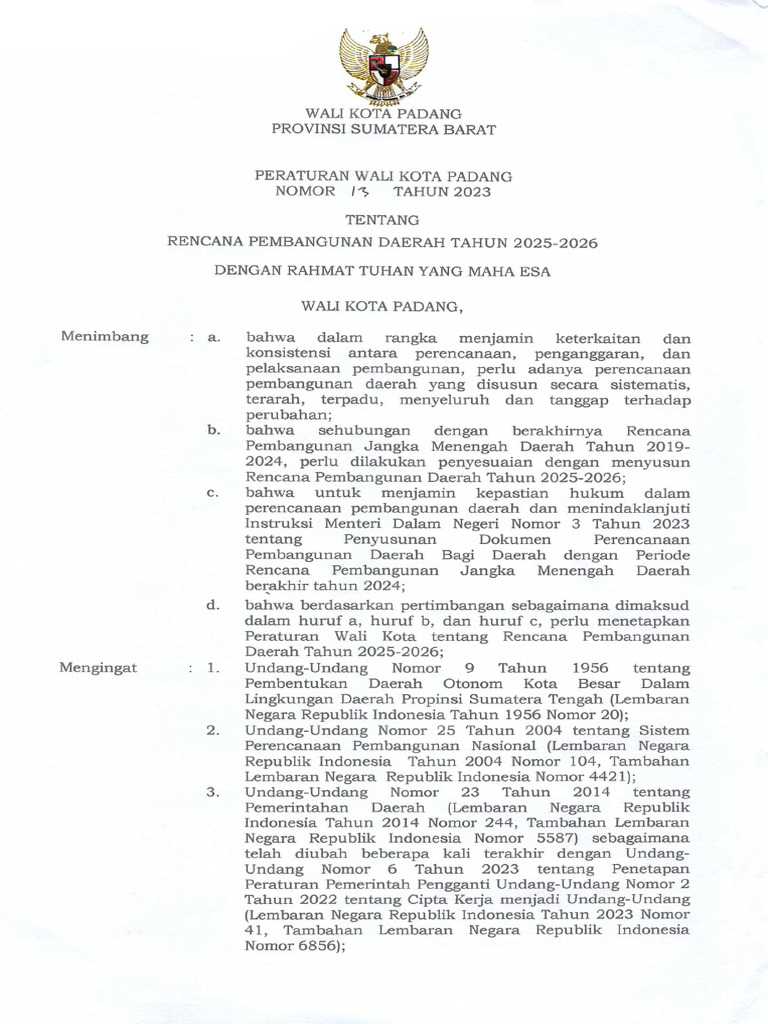Peraturan Wali Kota Padang Nomor 13 Tahun 2024 | PDF