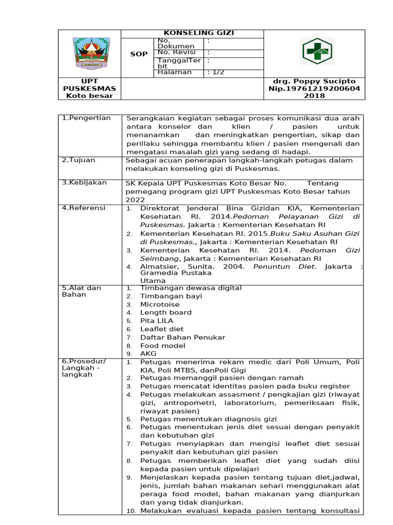 Sop Konseling Gizi | PDF