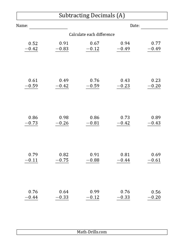 Decimals Subtraction Hundredths All.1502972684 | PDF