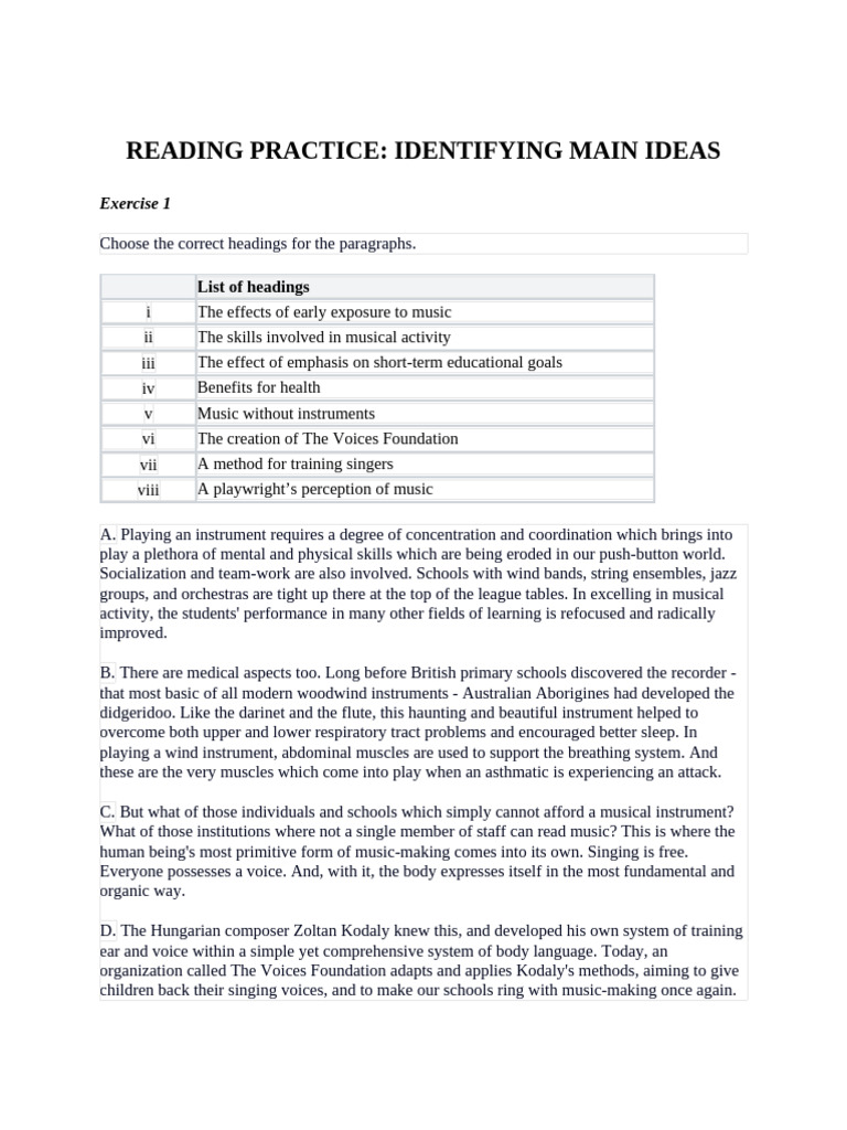 SS VERSION Bài tập Reading - identifying main ideas | PDF