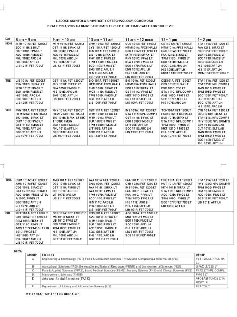 1 Draft 100 Level 2024 2025 Harmattan Semester Lecture Time Table Phoenix | PDF