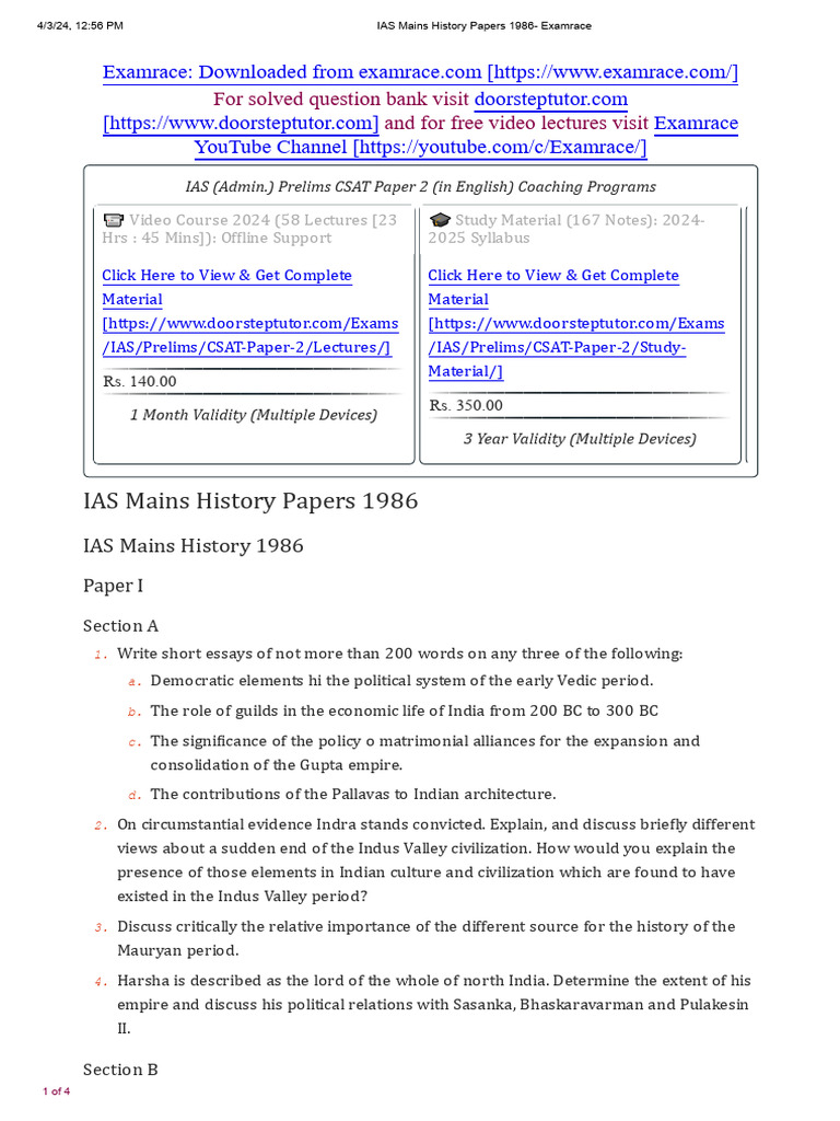 IAS Mains History Papers 1986 | PDF | Politics | Travel