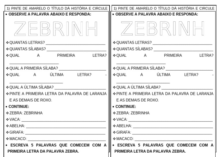 A Zebrinha Preocupada - Sistematizaçao História e Letra Z | PDF