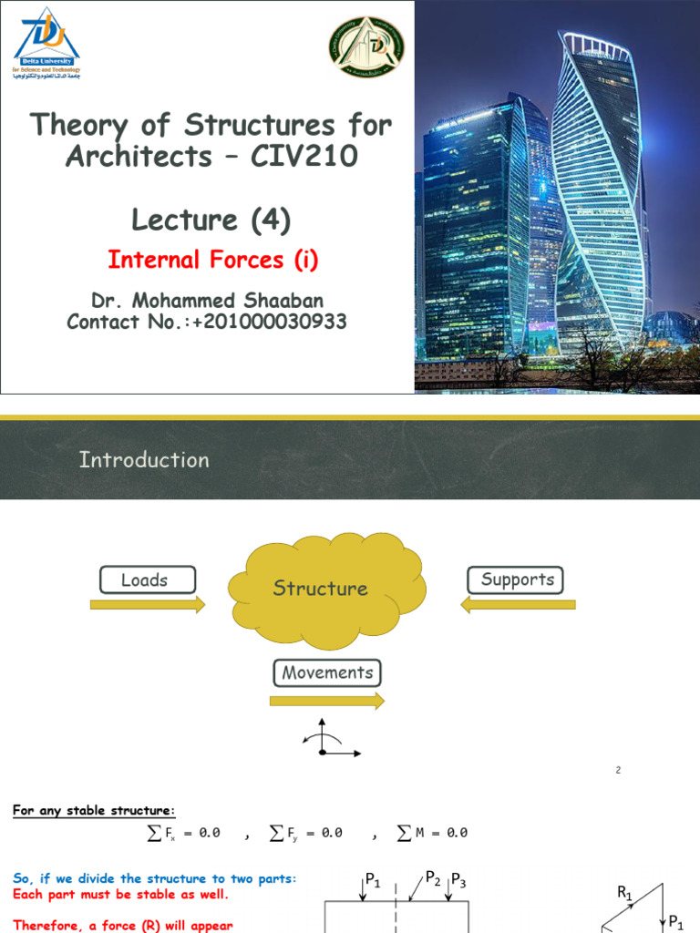 Theory of Structures For Architects CIV210 Lecture (4) : Internal Forces (I) | PDF