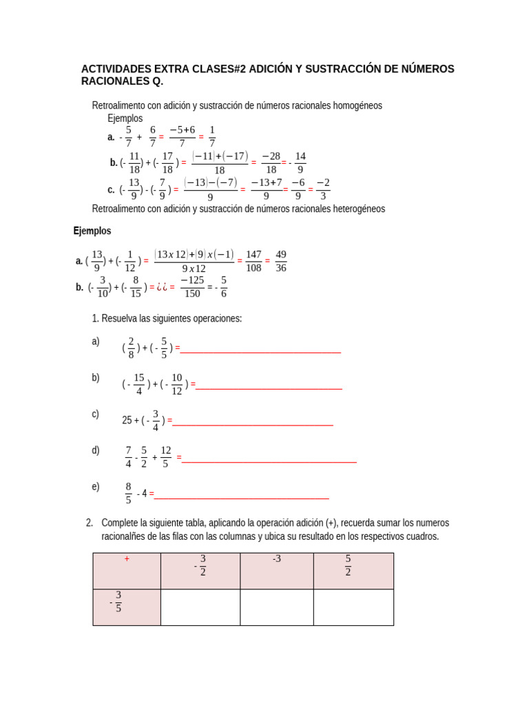 Actividades Extra Clases #2 Recuperación | PDF | Sustracción | Matemáticas