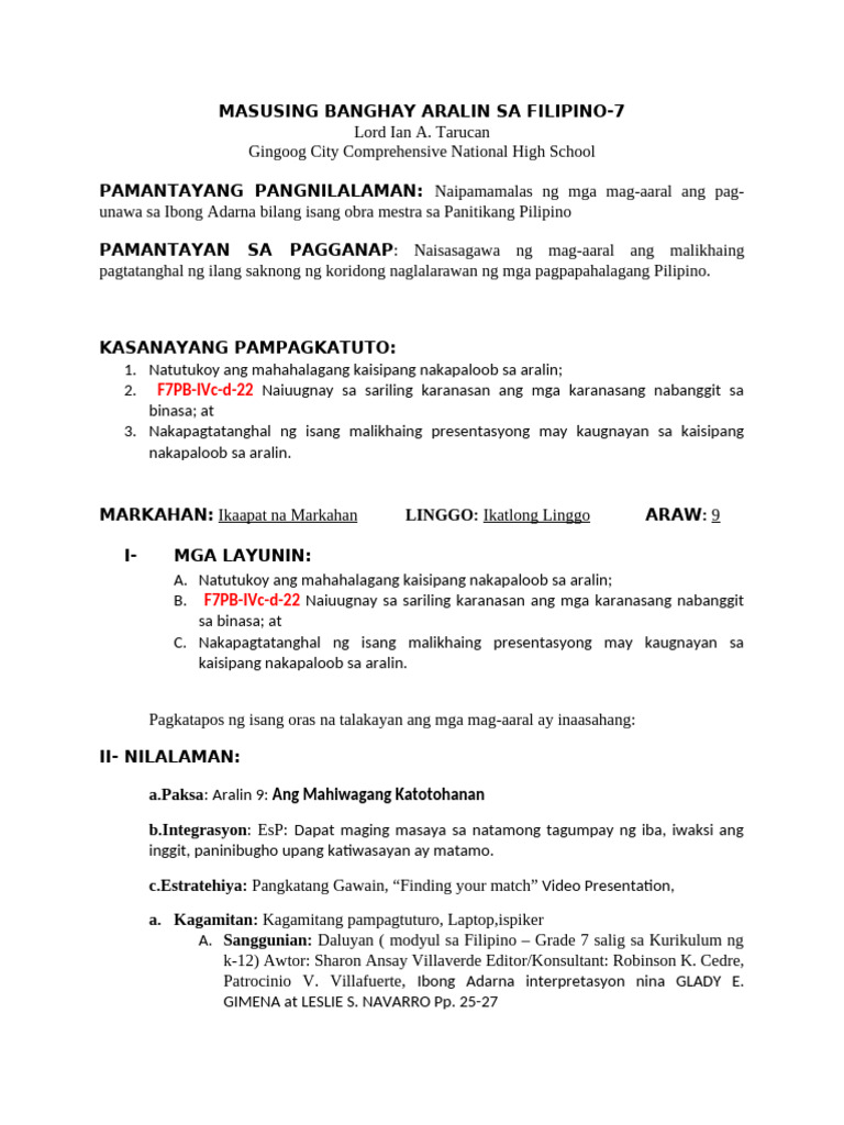 Masusing Banghay Aralin Sa Filipino | PDF