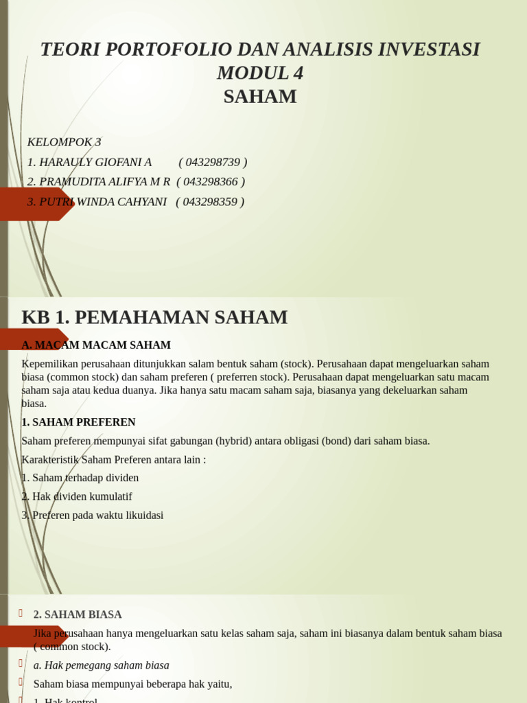 Teori Portofolio& Investasi Bisnis Kel.3 Mod 4 | PDF
