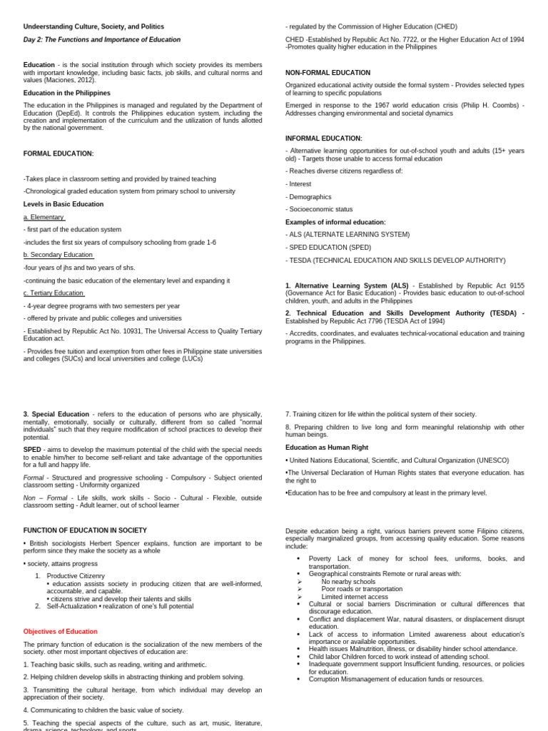 Function and Importance of Education Handout | PDF