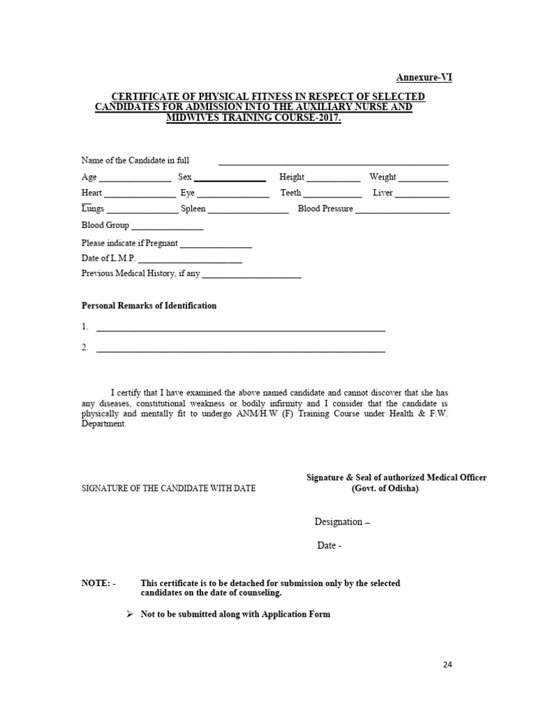 Physical Fitness Certificate for ANM Admission | PDF