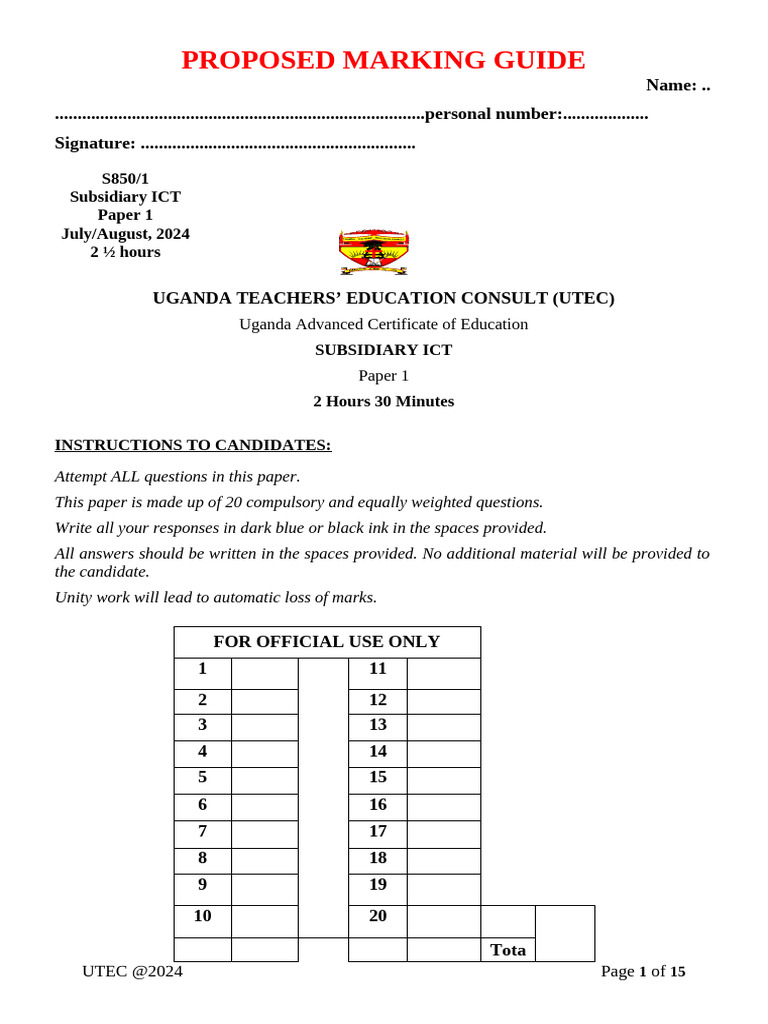 UACE ICT Paper 1 Marking Guide 2024 | PDF | Transmission Medium ...