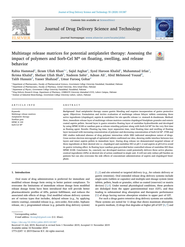 Multistage Release Matrices For Potential Antiplatelet - 2020 - Journal of Drug | PDF | Tablet ...