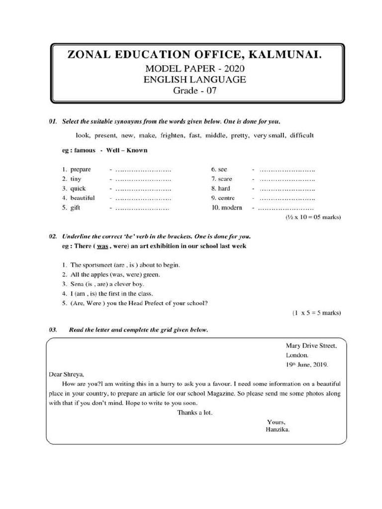 Grade 6 - 11 English - Model & Term Exam-5-9 | PDF