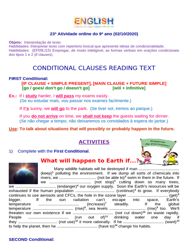 9º Ano Conditional Clauses Reading Text | PDF | Ambiente natural ...