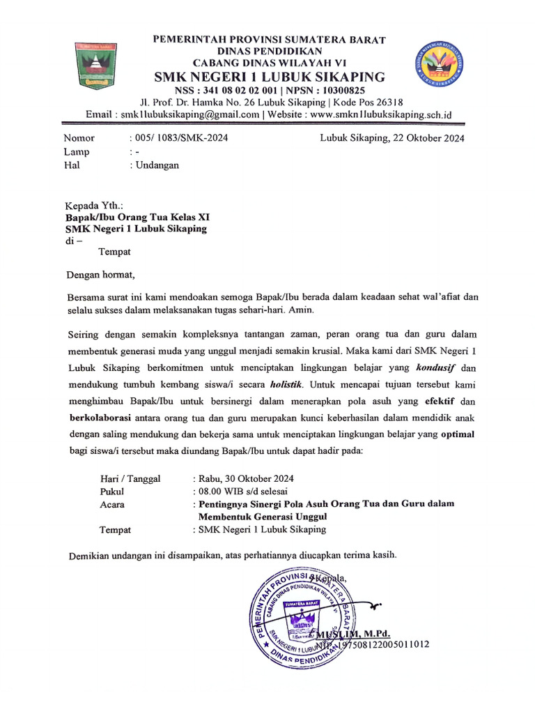 Undangan Parenting Education Kelas XI | PDF