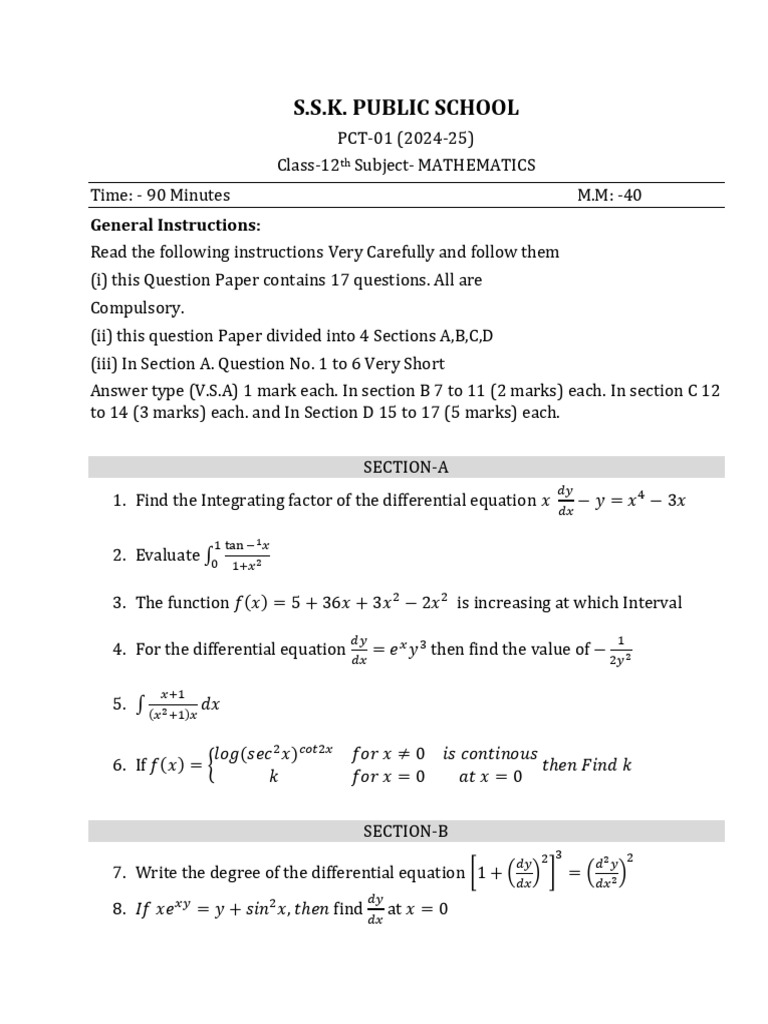 12th Class PCT-1 | PDF | Applied Mathematics | Differential Calculus