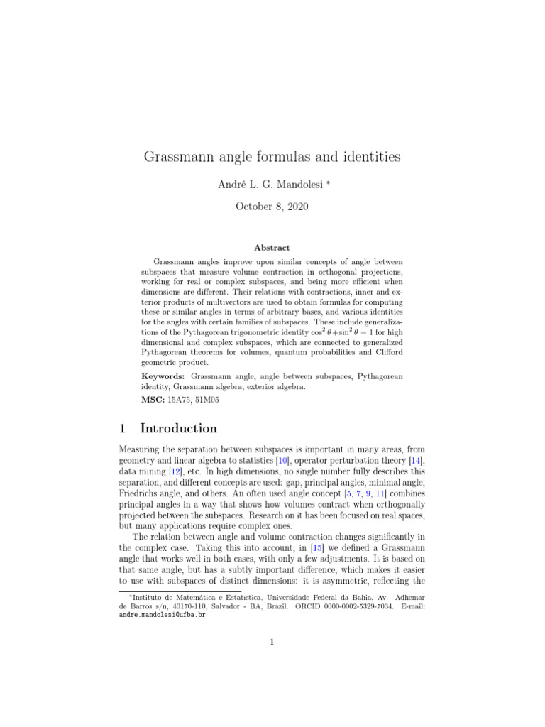 Grassman Angle Identities | PDF | Linear Subspace | Mathematics