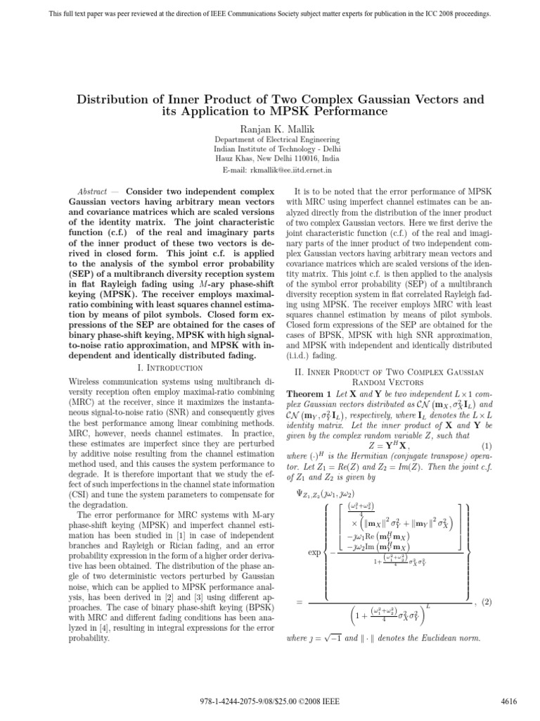 Distribution of Inner Product of Two Complex Gaussian Vectors and Its ...