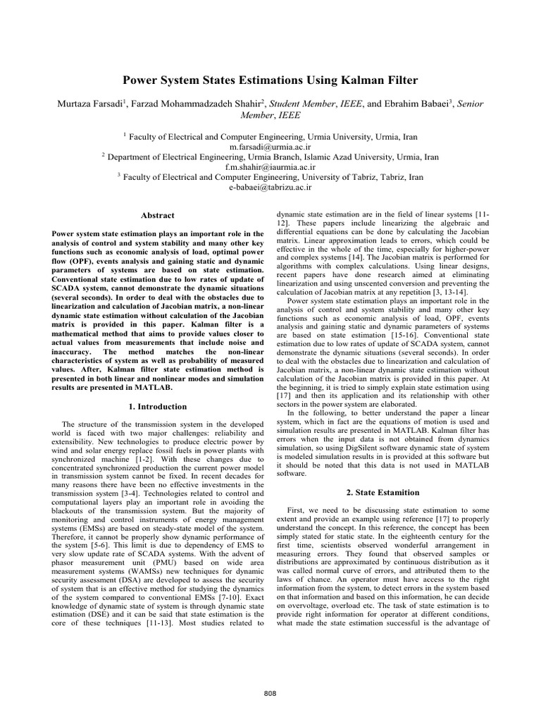 Power System States Estimations Using Kalman Filter Pdf Kalman